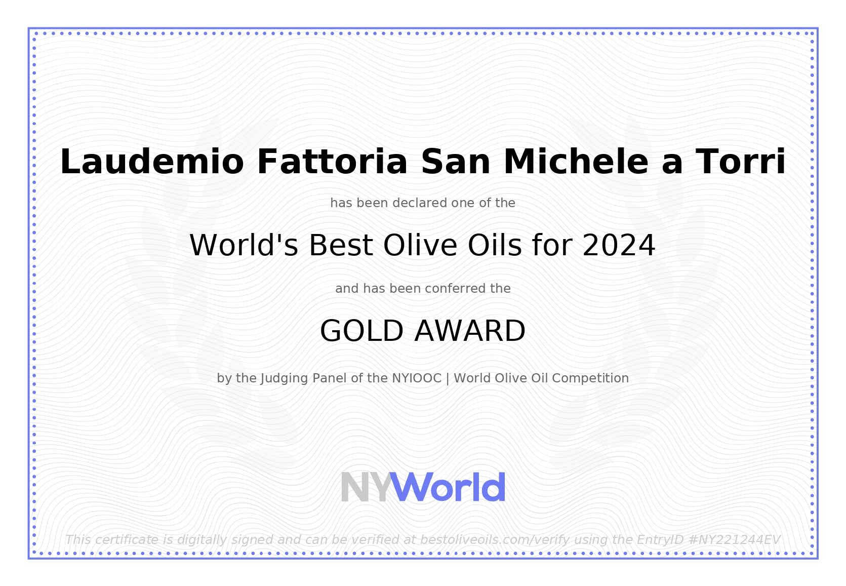 Our Laudemio EVOO Wins Gold at NYIOOC 2024 - Fattoria San Michele a Torri
